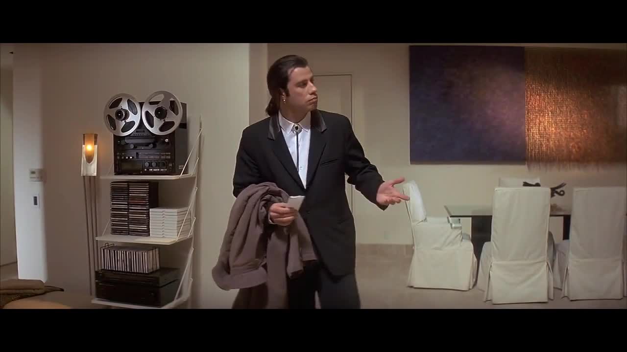 Lost Travolta can't find the intercom video clip by Pulp Fiction